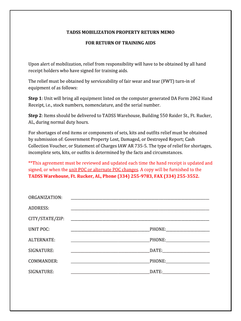 Fillable Online rucker army TADSS MOBILIZATION PROPERTY RETURN MEMO FOR ...