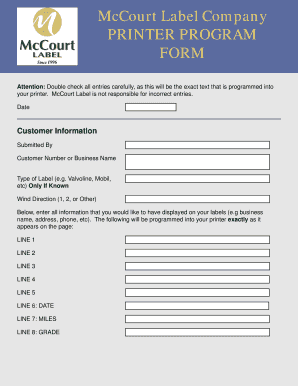 Fillable Online McCourt Label Company PRINTER PROGRAM FORM Fax Email ...