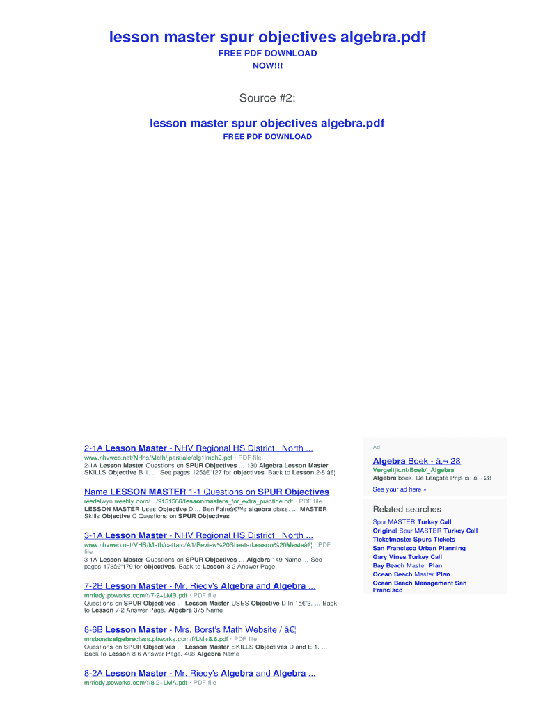 Fillable Online lesson master spur objectives algebra - Bing Fax Email ...