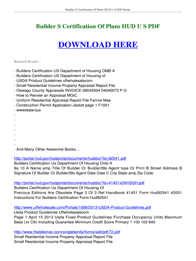 Fillable Online ebookscenter Builder S Certification Of Plans HUD U S ...