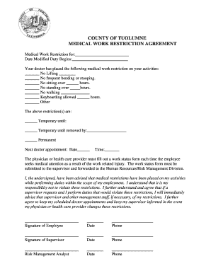 Fillable Online Work Medical Restrictions Form - Tuolumne County Fax ...