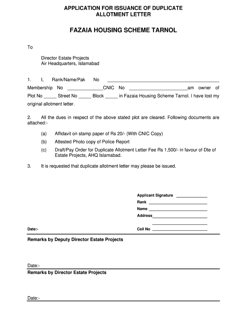 Fillable Online For Duplicate Allotment Letter.doc Fax Email Print - pdfFiller