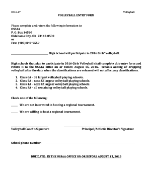 Fillable Online 2016%17 Volleyball VOLLEYBALL ENTRY FORM Fax Email ...