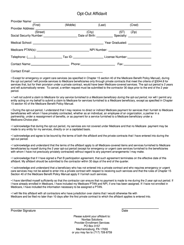 Fillable Online Opt-Out Affidavit - Novitas Solutions Fax Email Print ...