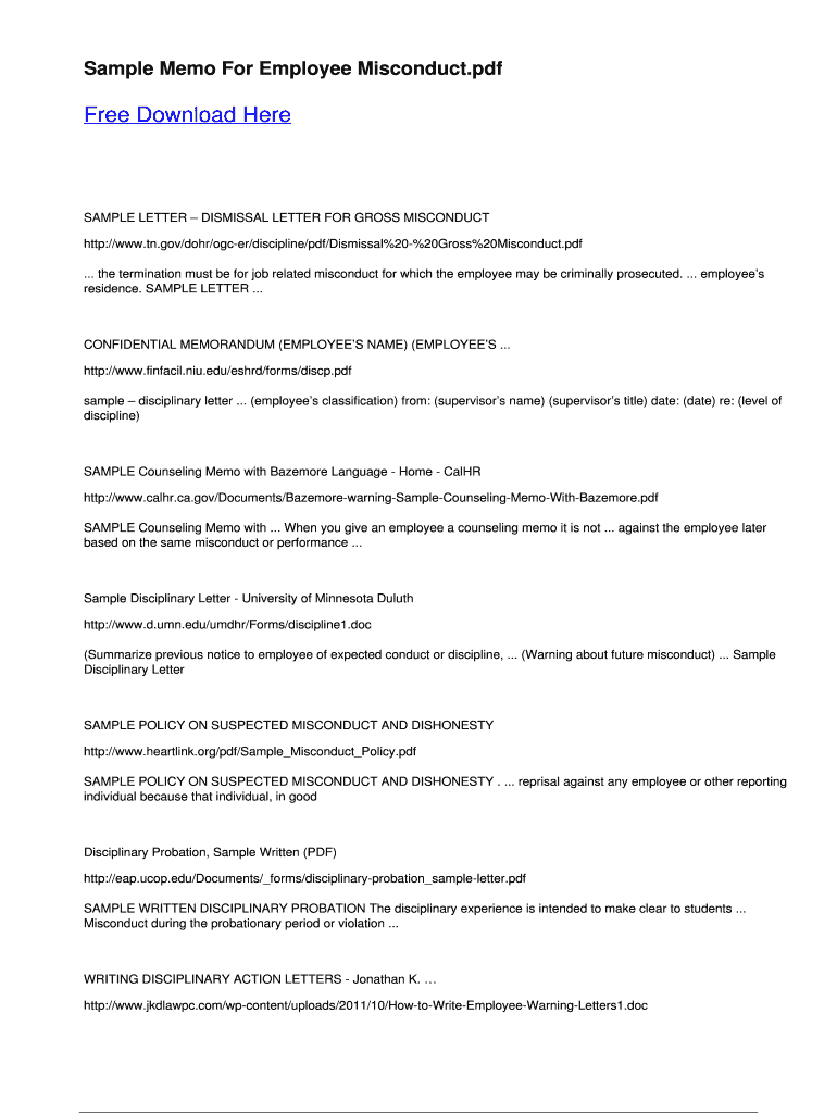 Fillable Online Sample Memo For Employee Misconduct Fax Email Print ...