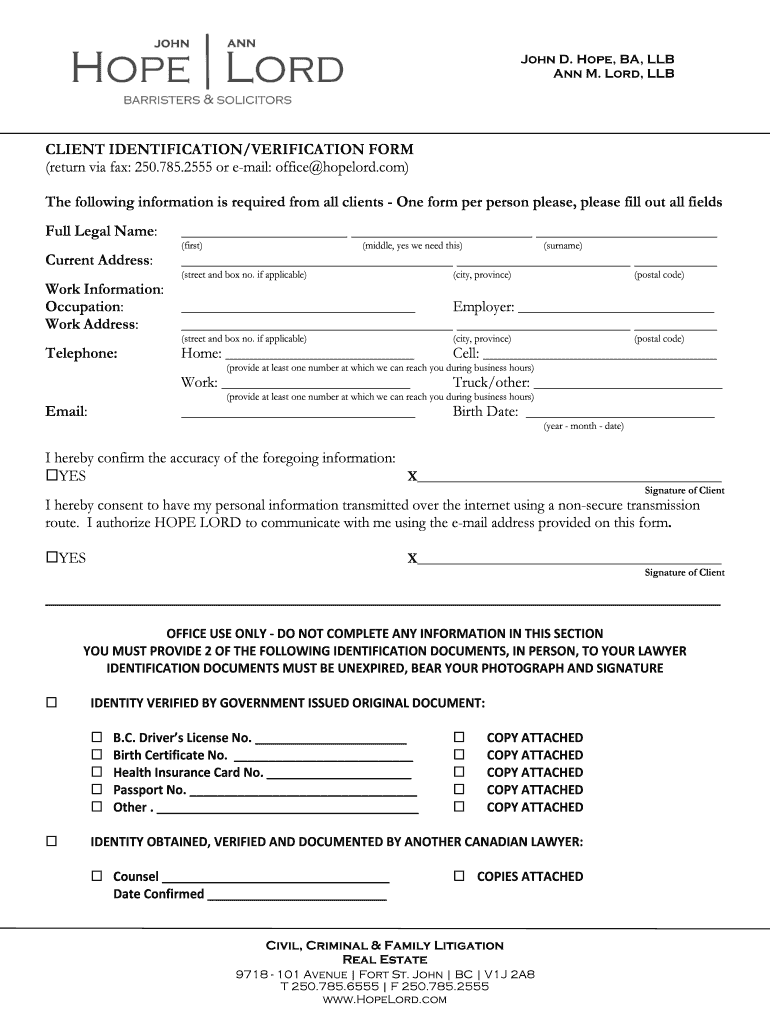Fillable Online CLIENT IDENTIFICATION/VERIFICATION FORM Full Legal Name ... Fax Email Print ...