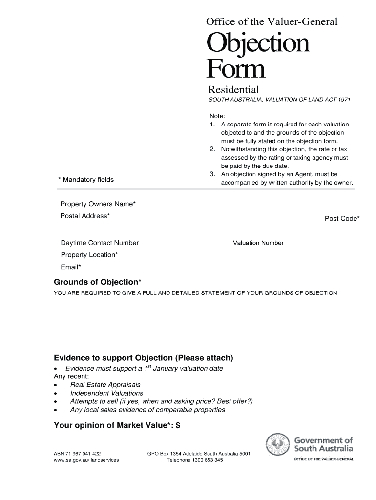 Fillable Online sa gov Residential property valuation objection form ...