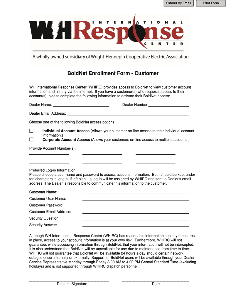 Fillable Online BoldNet Enrollment Form - Customer - WHIRC Fax Email ...