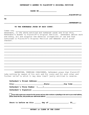 Fillable Online DEFENDANT 'S ANSWER TO PLAINTIFF 'S ORIGINAL PETITION ...