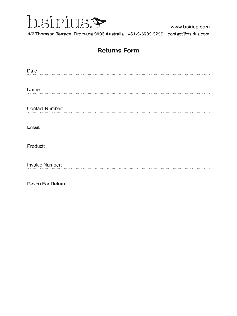 Fillable Online Returns Form - bsirius.com.au Fax Email Print - pdfFiller