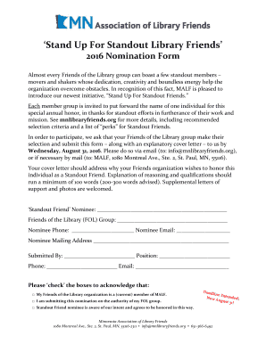 Fillable Online mnlibraryfriends Standout Friend Nomination Form ...
