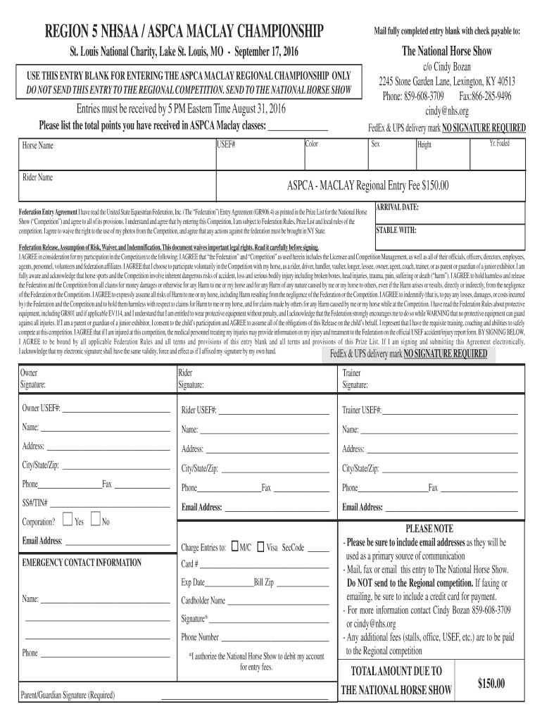 Fillable Online REGION 5 NHSAA / ASPCA MACLAY CHAMPIONSHIP Mail fully ...