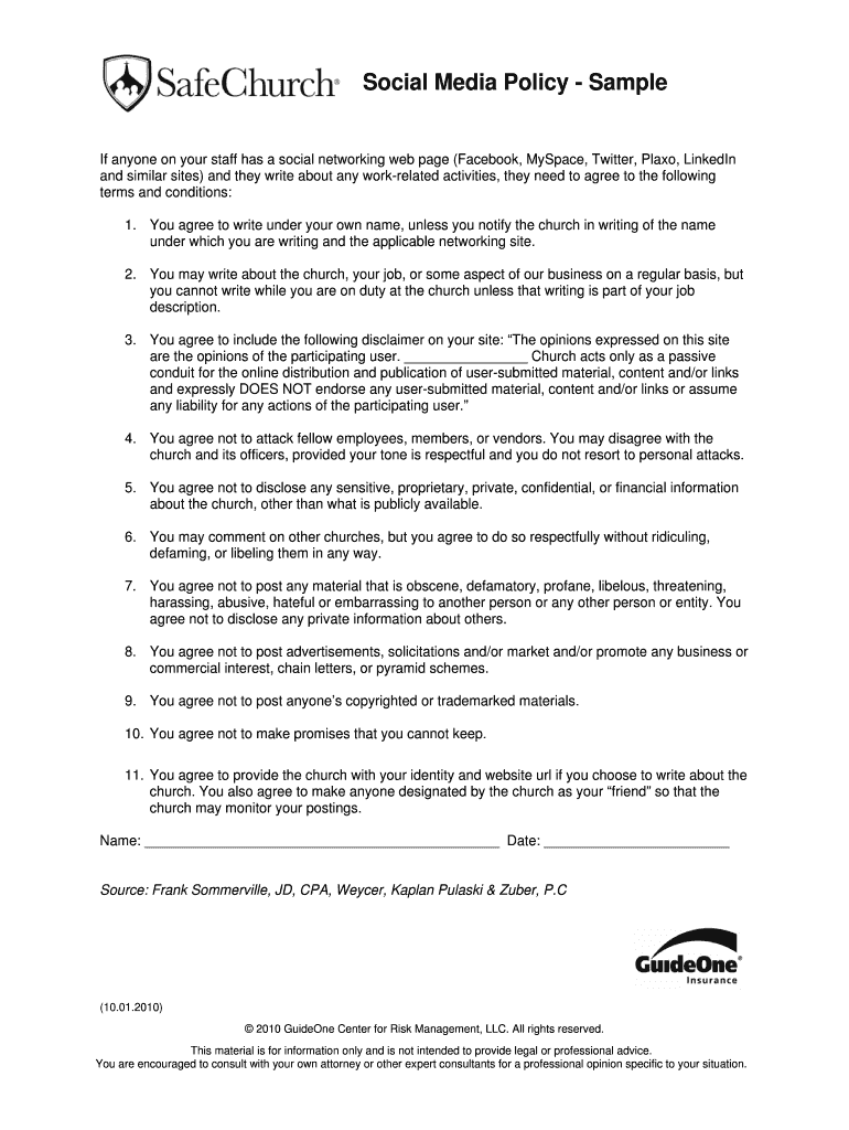 Fillable Online Social Media Policy - Sample - Church insurance Fax Email Print - pdfFiller
