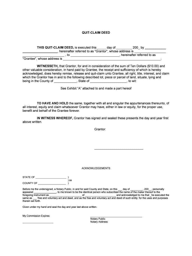 Fillable Online QUIT-CLAIM DEED THIS QUIT-CLAIM DEED, WITNESSETH, TO ...