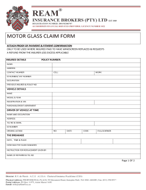 Fillable Online reambrokers co MOTOR GLASS CLAIM FORM - reambrokers.co ...