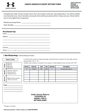 Fillable Online UNDER ARMOUR UNDER ARMOUR EUROPE RETURN FORM Fax Email ...