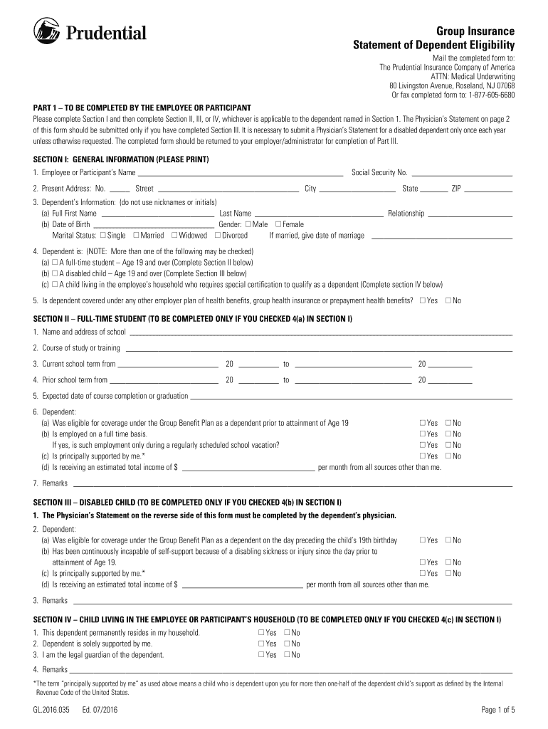 Fillable Online Group Insurance Statement of Dependent Eligibility ...