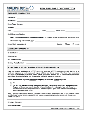 Fillable Online mountsinai on NEW EMPLOYEE INFORMATION PACKAGE. NEW ...