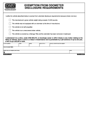 Fillable Online odot state or DMV EXEMPTION FROM ODOMETER DISCLOSURE ...