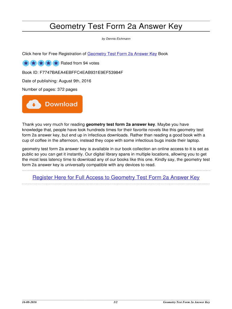 Fillable Online Geometry Test Form 2a Answer Key Geometry Test Form 2a