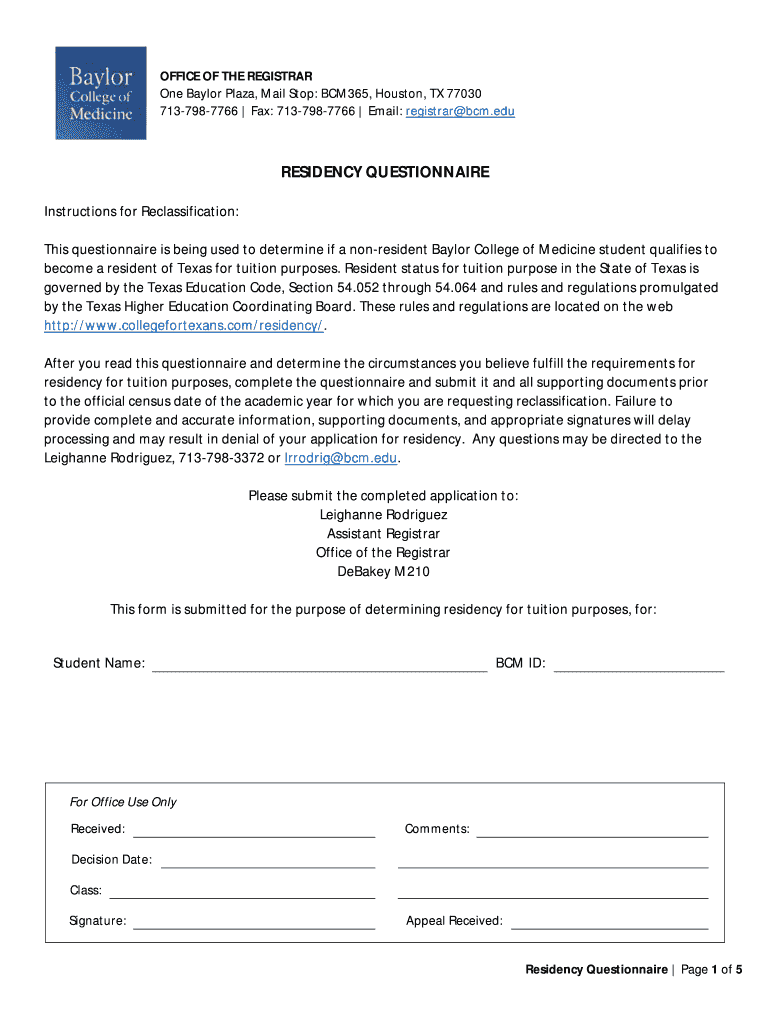 Fillable Online residency questionnaire - Baylor College of Medicine Fax Email Print - pdfFiller