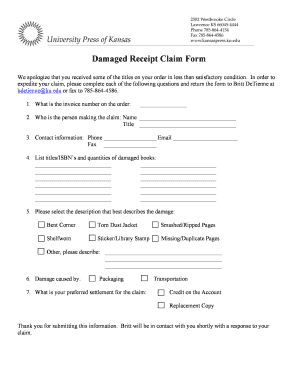 Fillable Online kuecprd ku Damaged Receipt Claim Form Fax Email Print ...