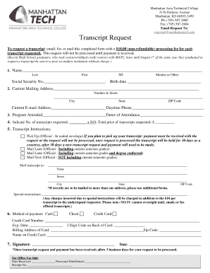 Fillable Online manhattantech Transcript Request - Manhattan Area Technical College Fax Email ...