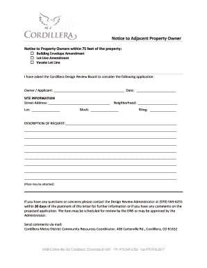 Fillable Online Notice to Adjacent Property Owner - Cordillera Living ...