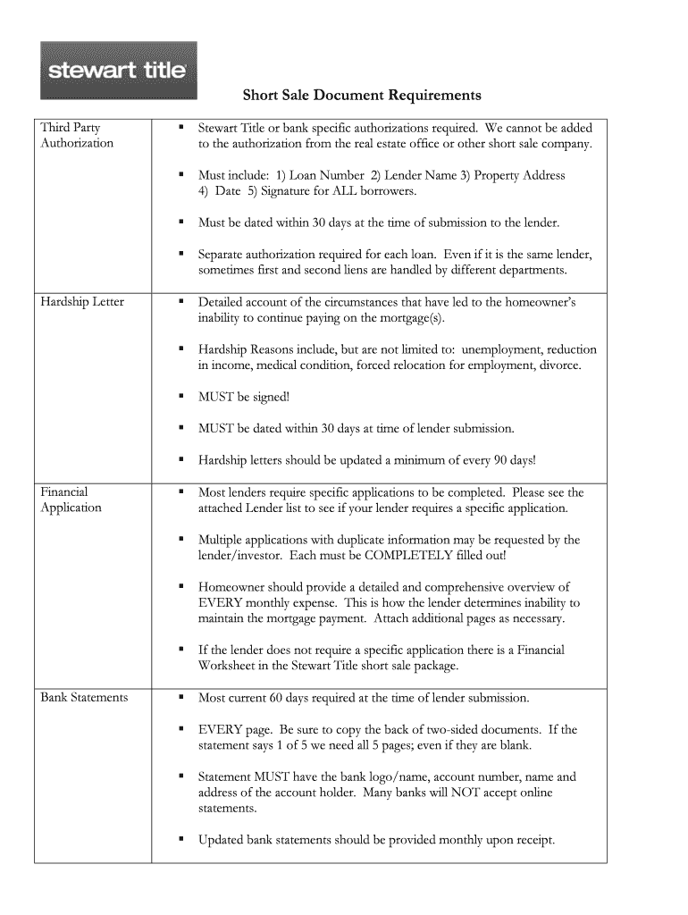 Fillable Online Short Sale Document Requirements Fax Email Print ...
