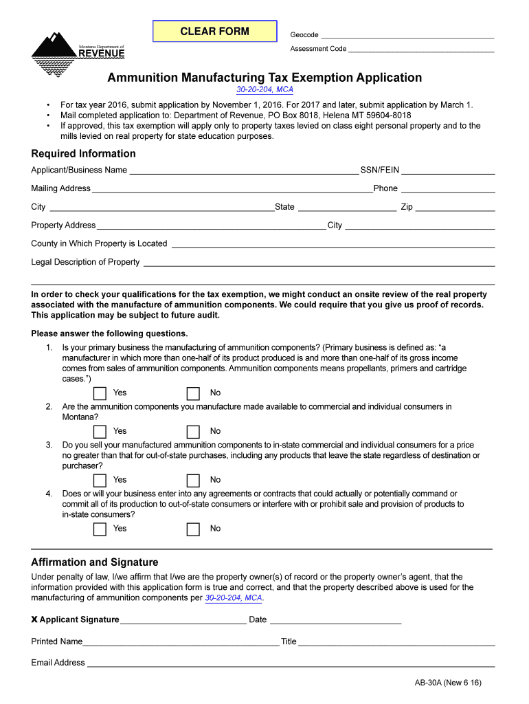 Fillable Online revenue mt Ammunition Manufacturing Tax Exemption ...