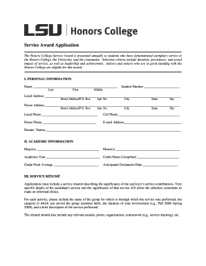 Fillable Online honors lsu Honors College Service Award Application ...