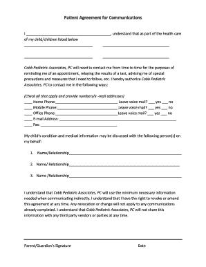 Fillable Online Patient Agreement for Communications - Cobb Pediatric ...