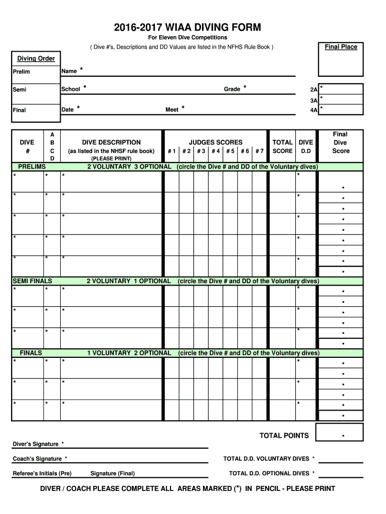 Fillable Online 11 dive form with dive table - WIAA Fax Email Print - pdfFiller