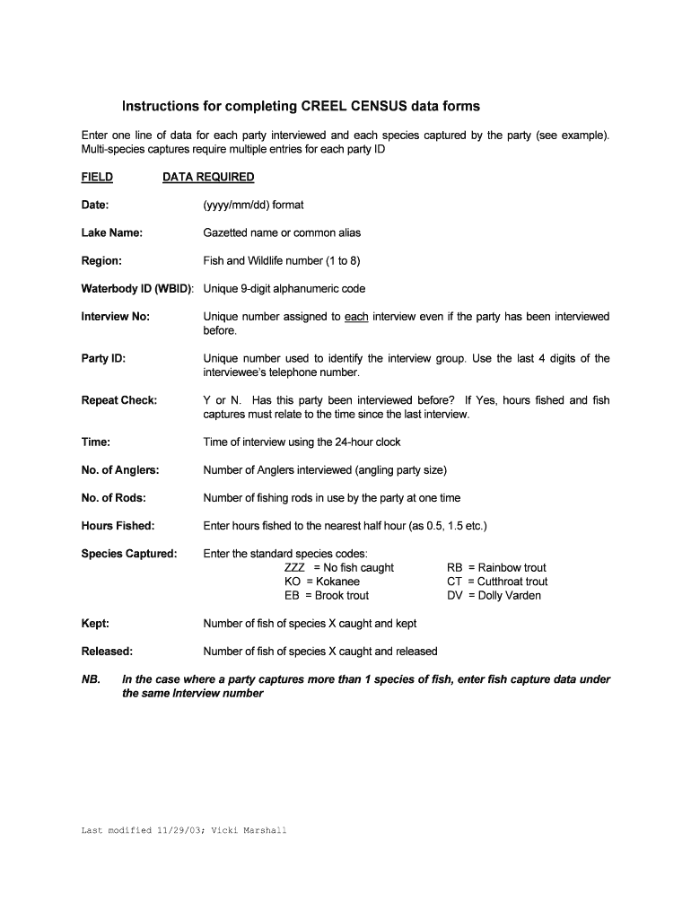 Fillable Online env gov bc Instructions for completing CREEL CENSUS ...