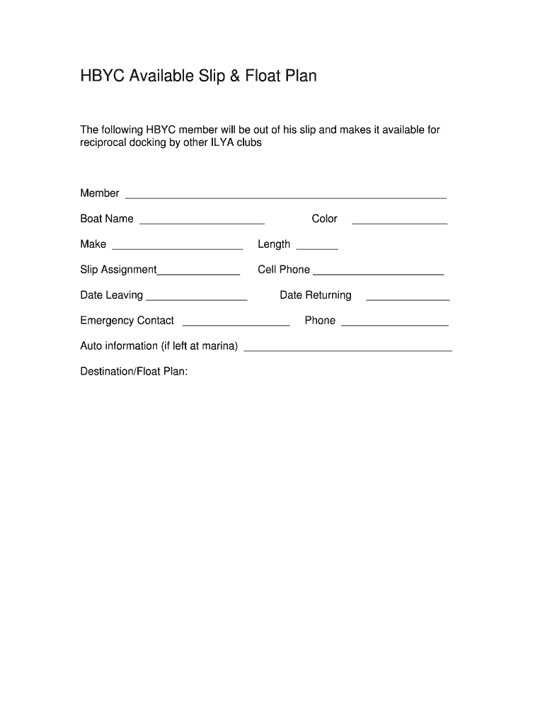 Fillable Online harborbayyachtclub HBYC Available Slip & Float Plan ...