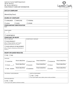 Fillable Online Food Complaint Form - Lawrence County Health Department ...
