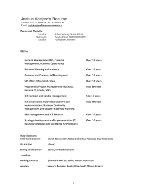 Fillable Online Joshua Kanjere's Resume Fax Email Print - pdfFiller