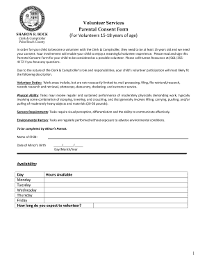 Fillable Online Volunteer Services Parental Consent Form (For ...