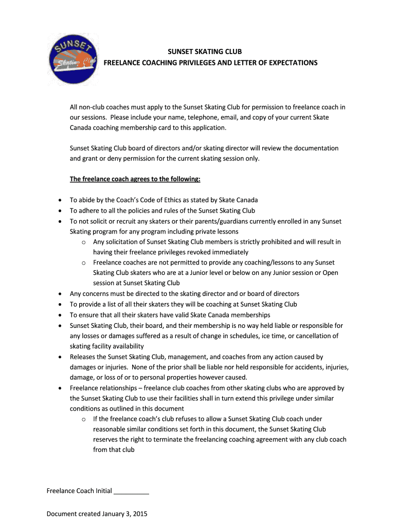 Fillable Online SUNSET SKATING CLUB FREELANCE COACHING PRIVILEGES AND ...