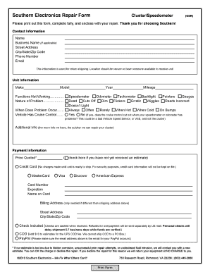 Fillable Online Southern Electronics Repair Form - GM Speedometer Recall Fax Email Print - pdfFiller