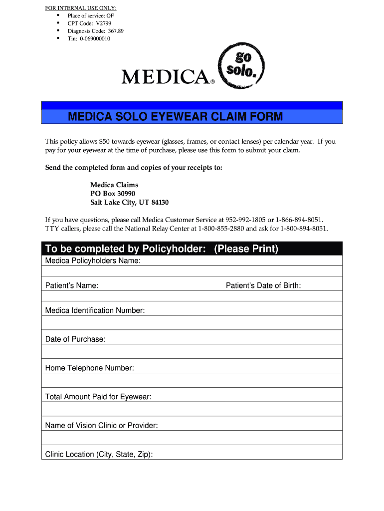 Fillable Online MEDICA SOLO EYEWEAR CLAIM FORM - Health Insurance Fax ...