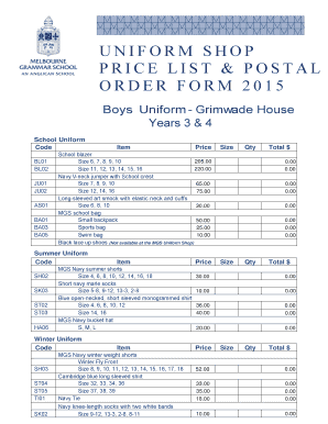 Fillable Online UNIFORM SHOP PRICE LIST & POSTAL ORDER FORM 201 5 Fax ...