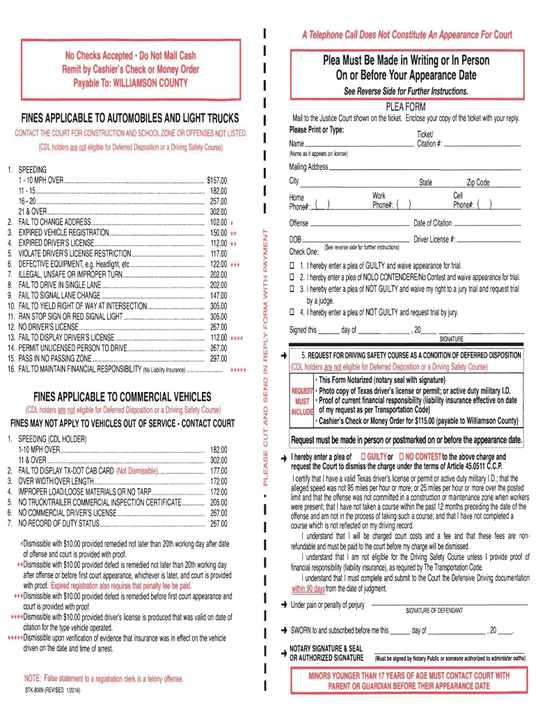 Fillable Online wilco Plea Sheet - Williamson County Fax Email Print ...