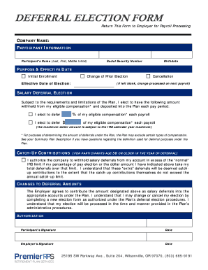 Fillable Online Deferral Election Form - Premier RPS Fax Email Print ...