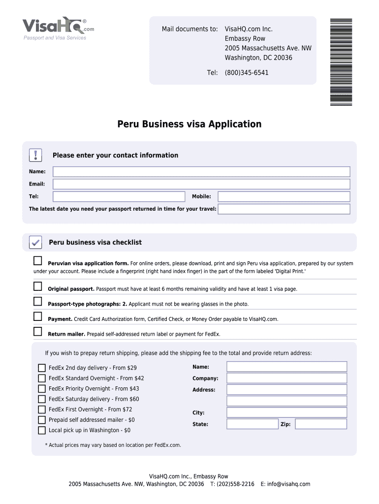 Fillable Online Peru Visa Application for Citizens of United States of ...