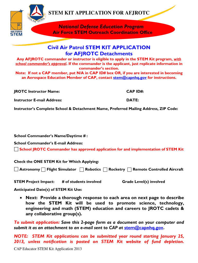 Fillable Online Civil Air Patrol STEM KIT APPLICATION for AFJROTC ...