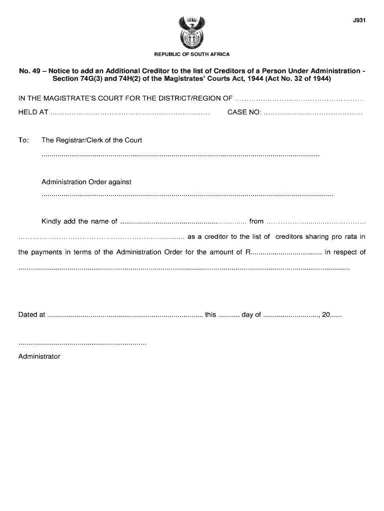 Fillable Online justice gov 49 Notice to add an Additional Creditor to ...
