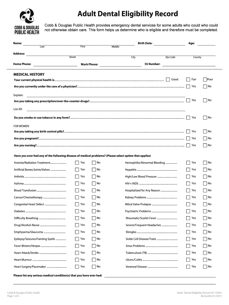 Fillable Online Adult Dental Eligibility Record and Medical History ...