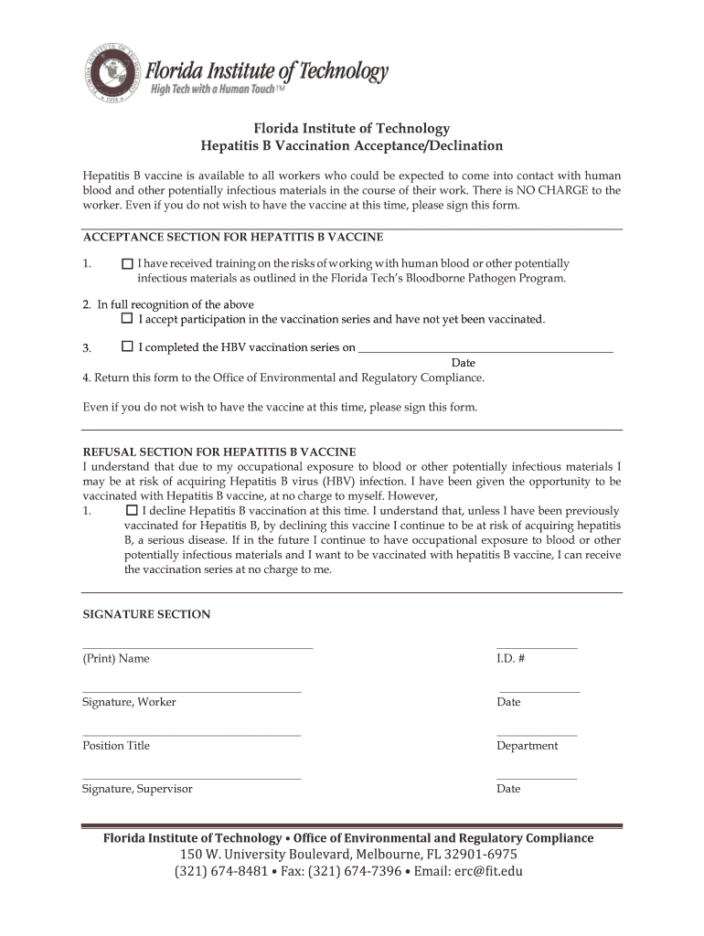 Hepatitis B Vaccination Acceptance/Declination Form - Blank Fillable ...