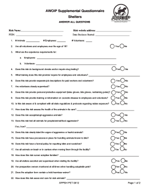 Fillable Online AWOIP Supplemental Questionnaire Shelters Fax Email ...